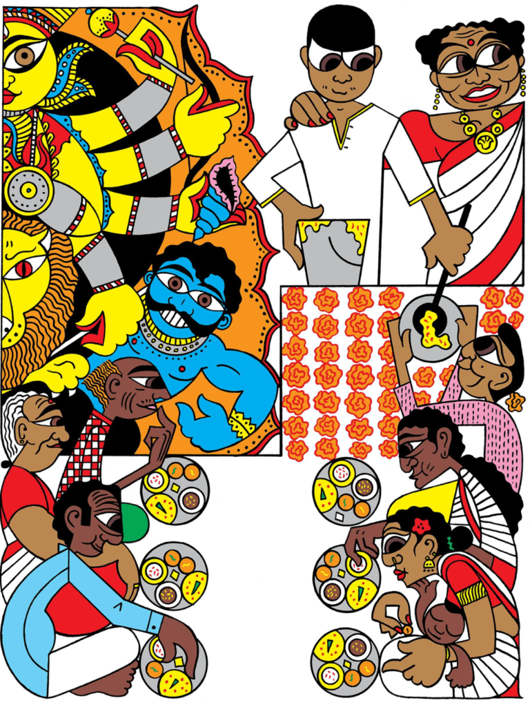 Wet dhotis, satin shirts and pujor bhog