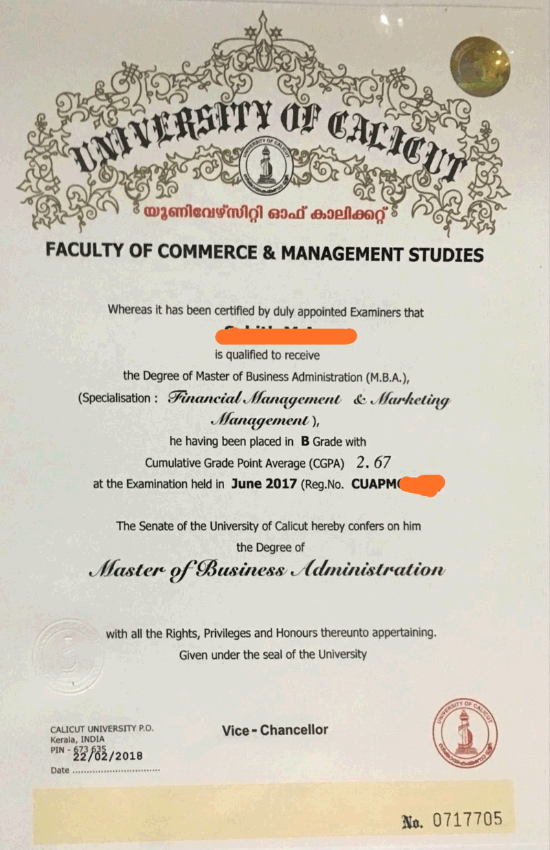 MBA Degree Without Signature CU Issues MBA Degree Certificate Sans VC 