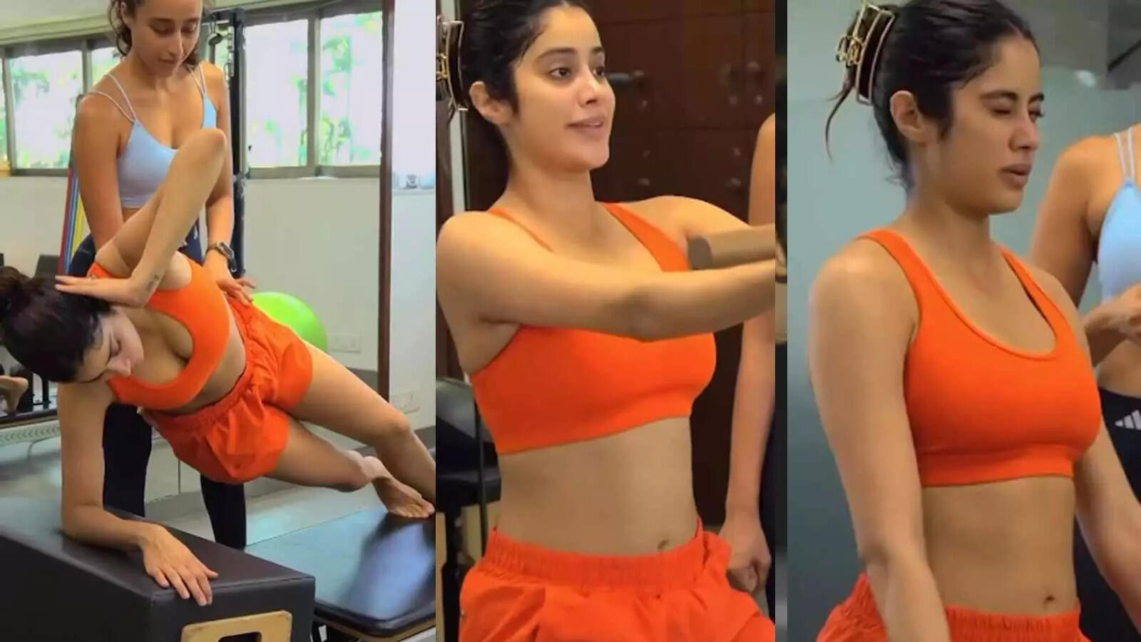 Janhvi Kapoor flaunts her washboard abs in orange sports bra and matching shorts -WATCH THIS ...