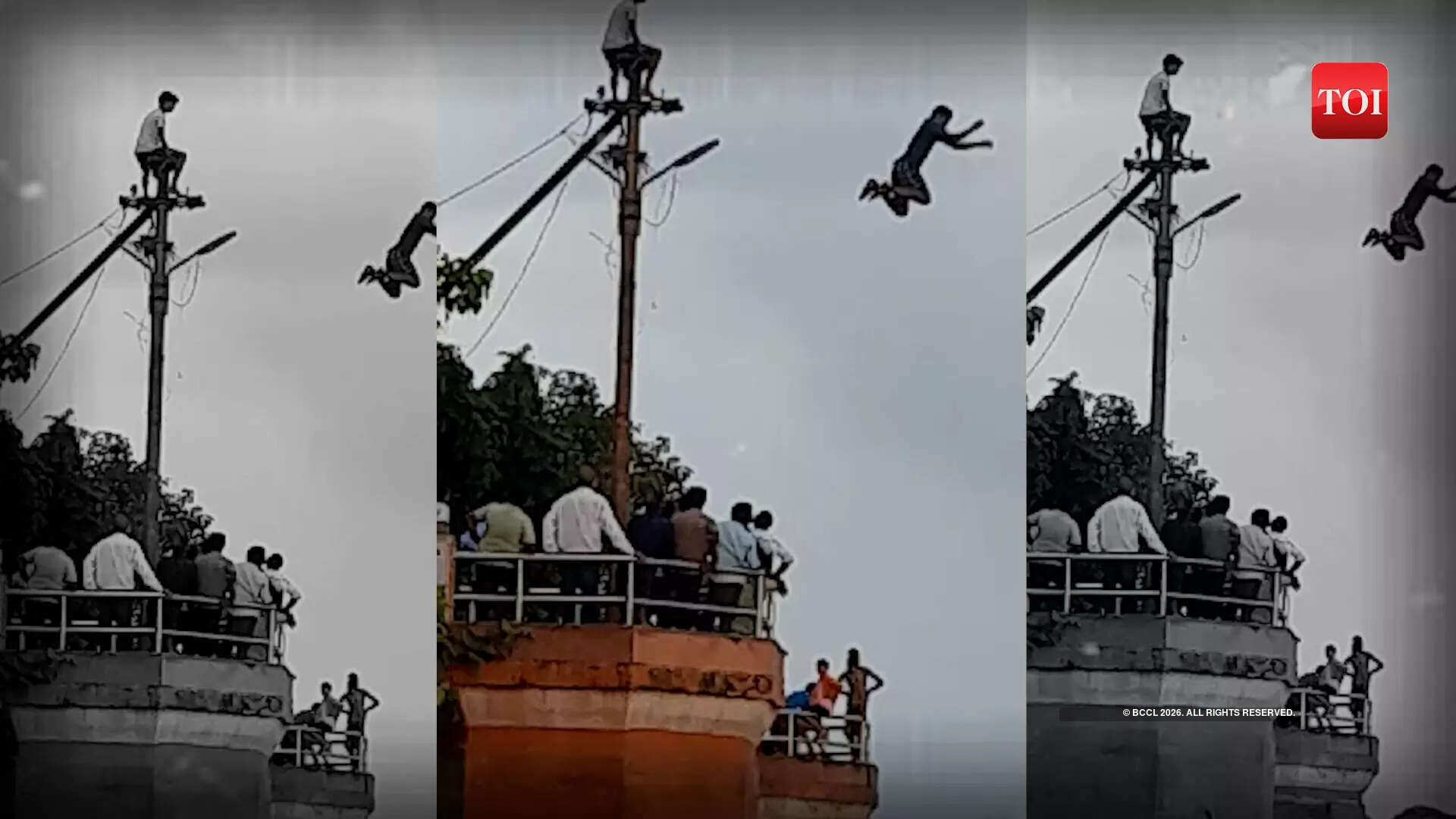 Youths perform deadly stunts, jump into ganges from electric poll in Kanpur