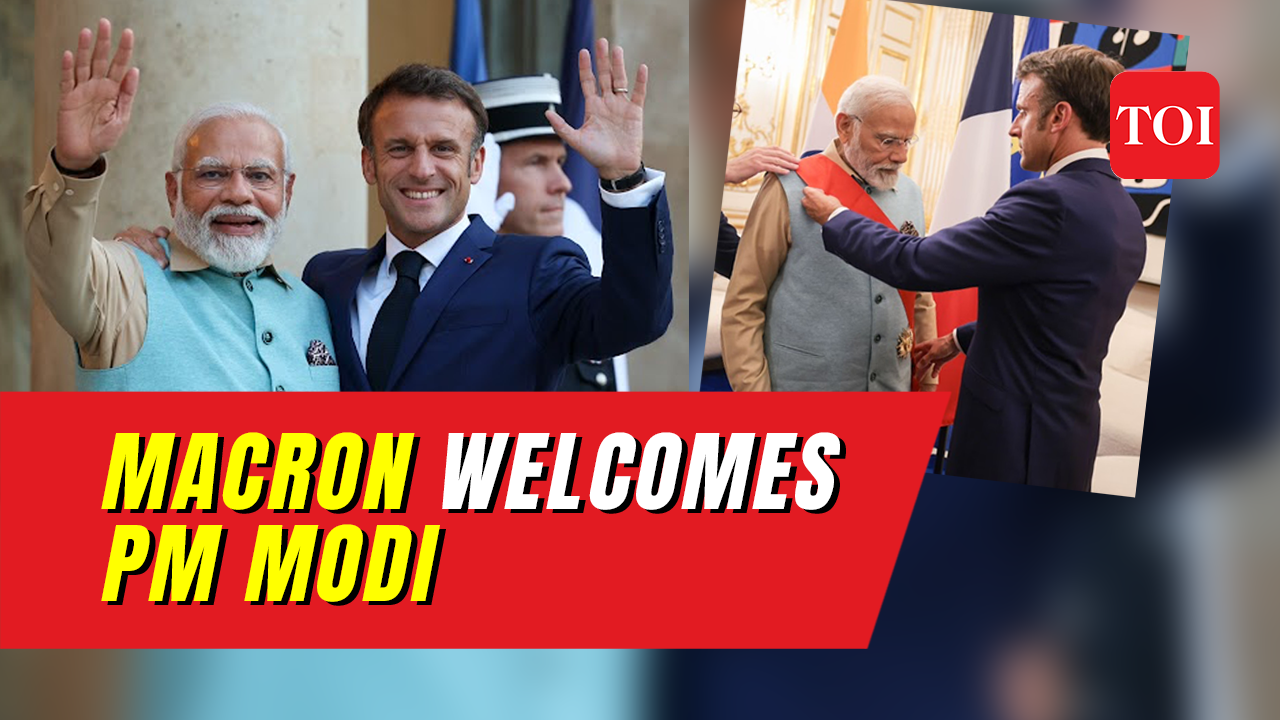 French President receives PM Modi at Elysee Presidential Palace ...