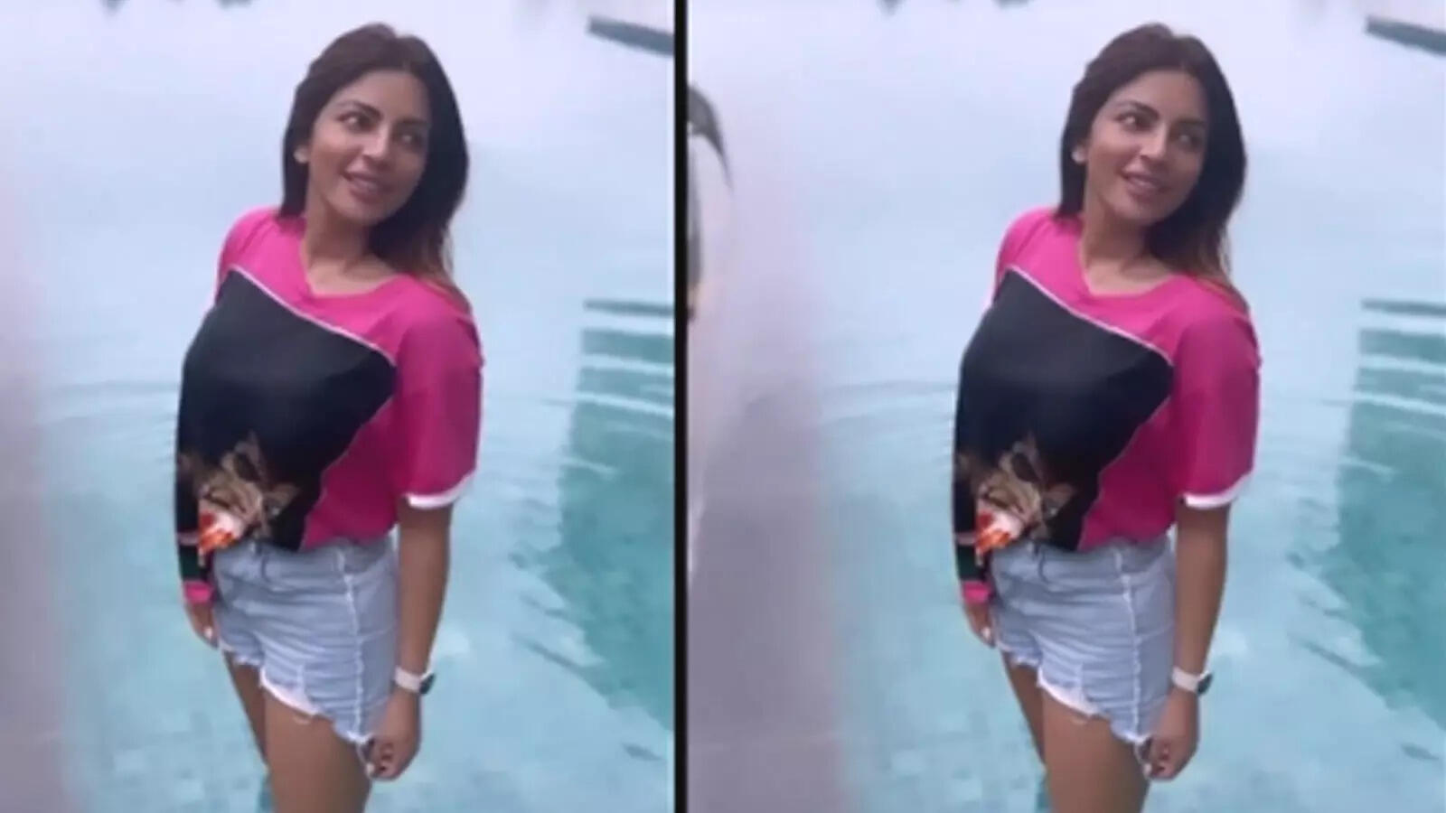 Shama Sikander steps inside a pool in a shorts and t-shirt; fan calls ...