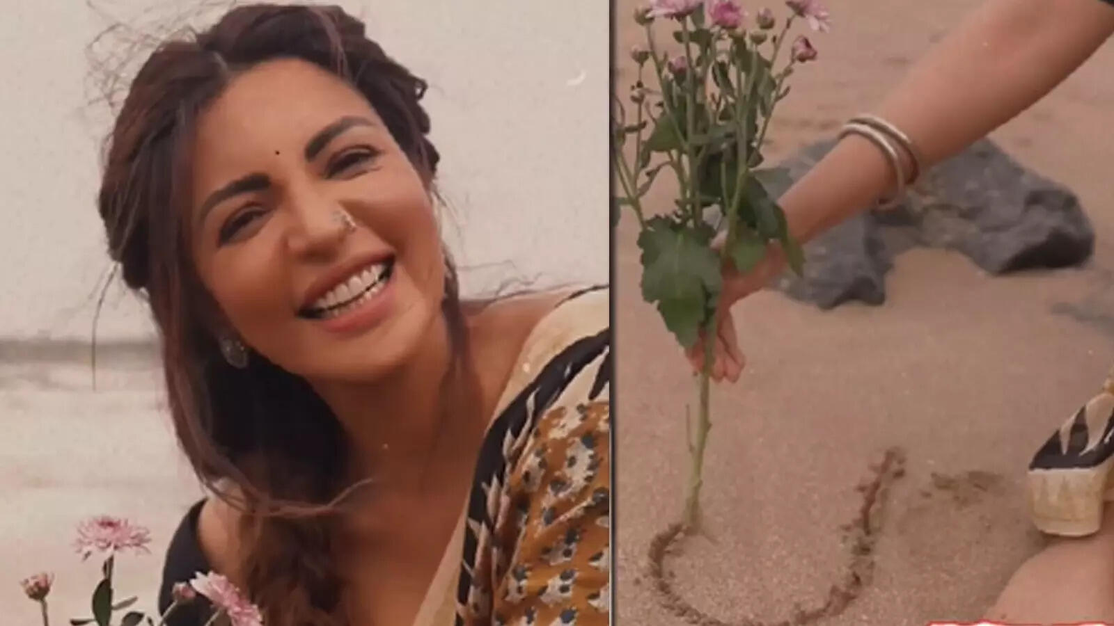 Shama Sikander says 'khush hoon' as she draws a heart on sand at a beach