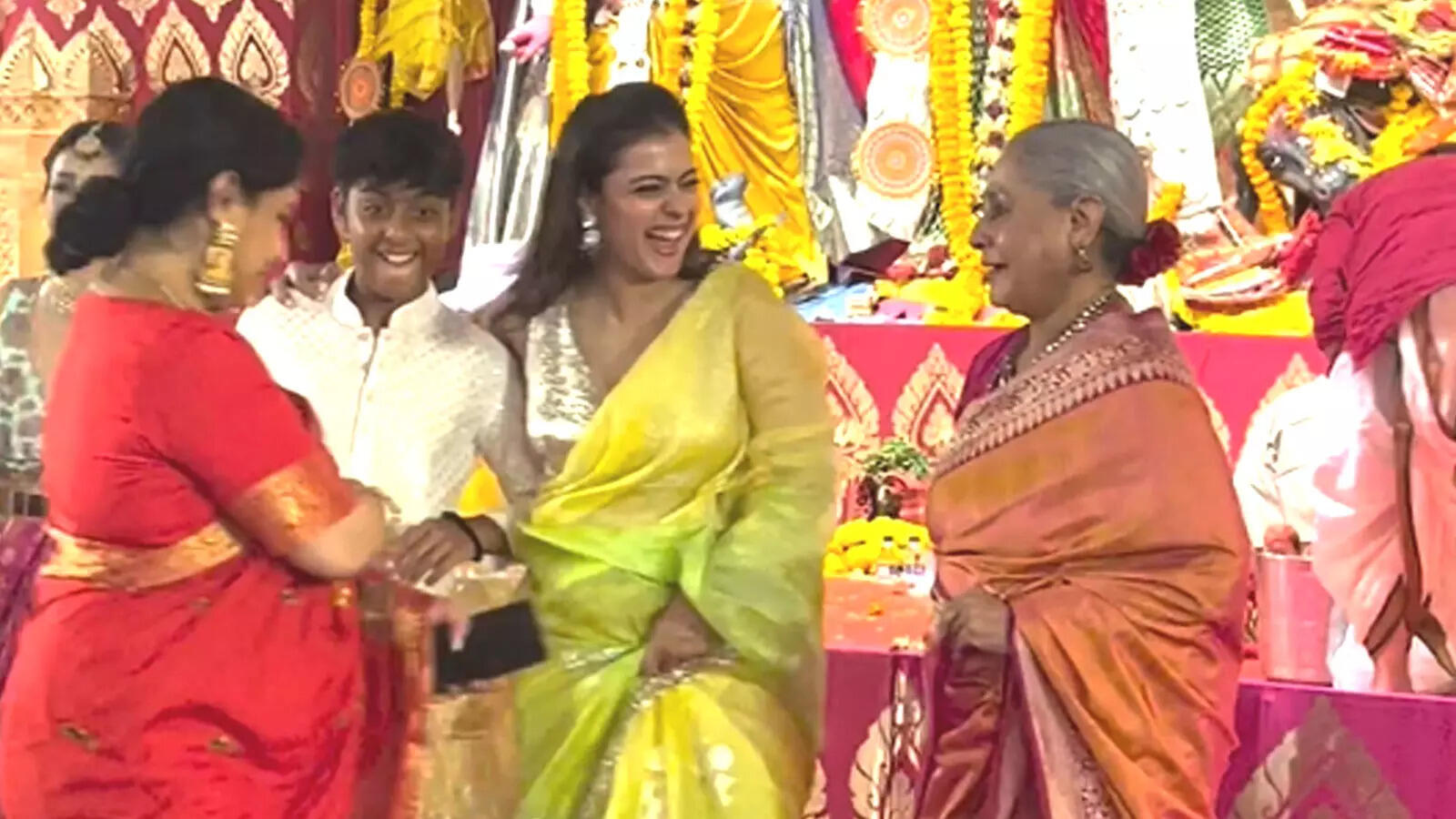 Jaya Bachchan is all smiles as she shares candid moments with Kajol at Durga Puja pandal