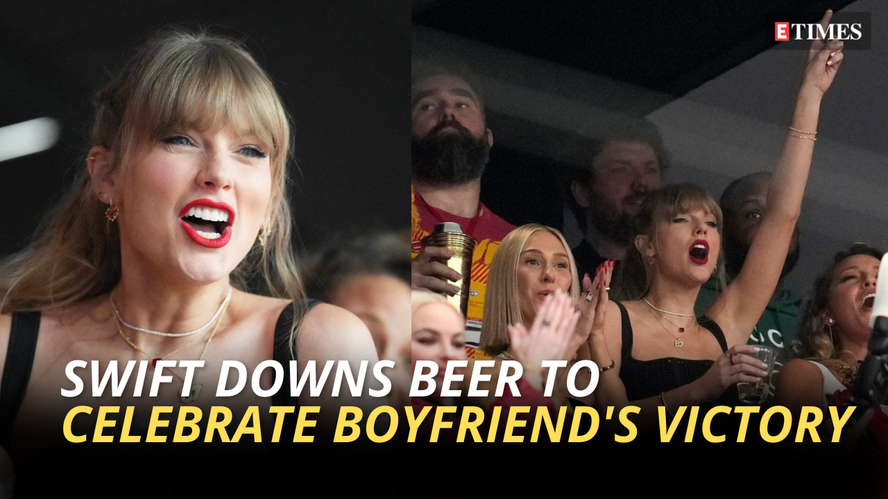 Taylor Swift gulps beer as she cheers her boyfriend Travis Kelce at Super Bowl - Watch