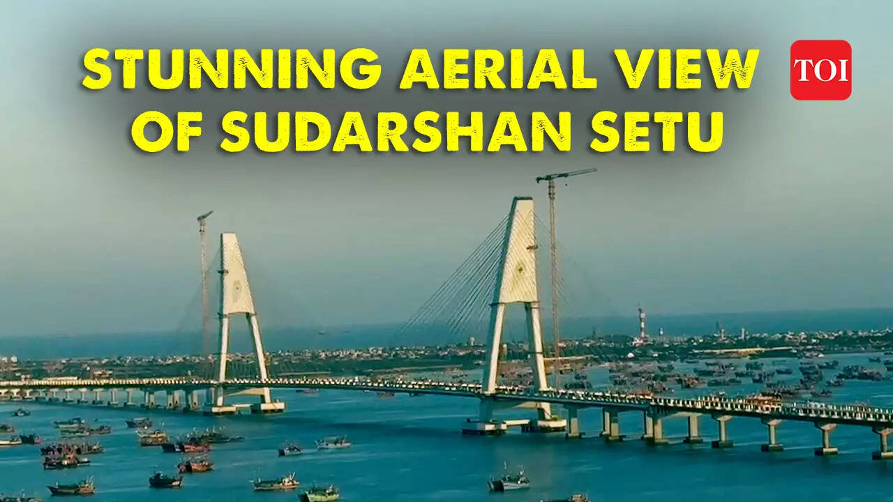 Aerial view of Sudarshan Setu, India’s longest cable-stayed bridge in ...