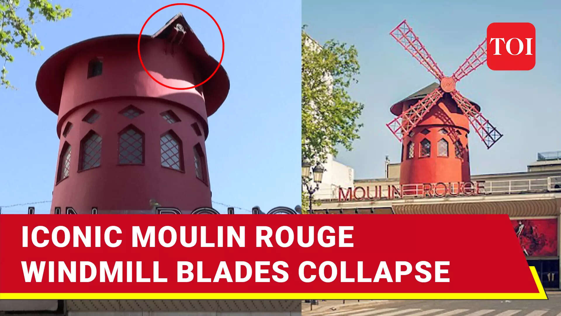 Moment when Moulin Rouge windmill blades fall mysteriously in Paris