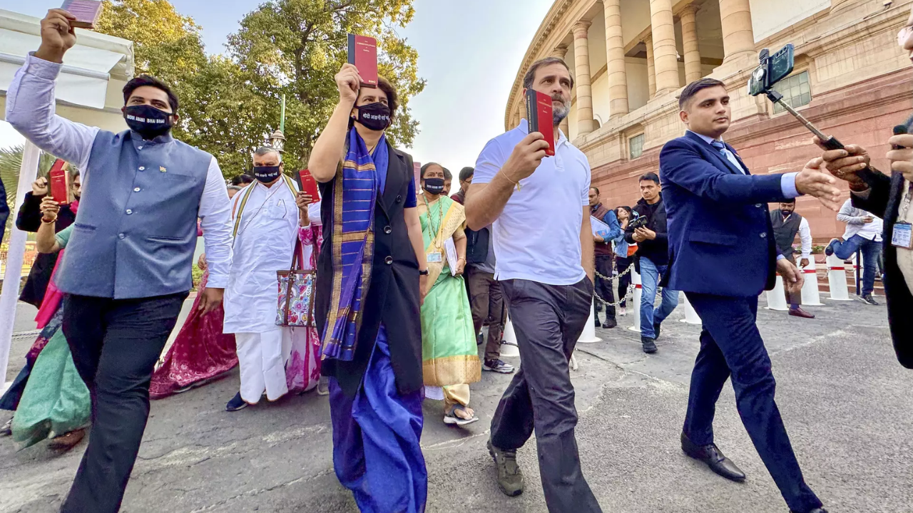 Constitution in hand, 'Modi-Adani Bhai Bhai' masks on: Rahul, Priyanka ...