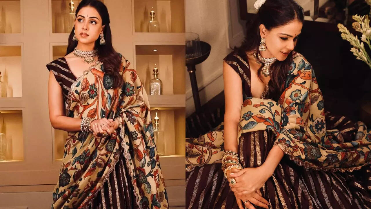 Genelia Deshmukh's brown lehenga with hand-painted Kalamkari dupatta is ...