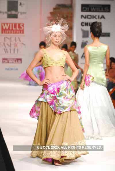 A model showcases a creation of fashion designer Anjana during 'India Fashion Week' in New Delhi ...