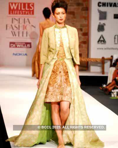 A model showcases a creation of fashion designer Anjana during 'India Fashion Week' in New Delhi ...