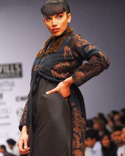 A model displays an outfit from designer Varun Bahl's fall/winter ...