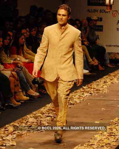 A model displays an outfit from Arjun Khanna's autumn/winter collection ...