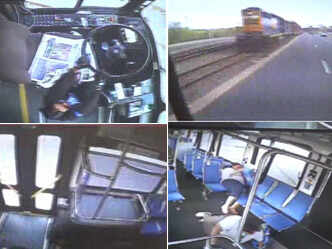Bus narrowly misses freight train