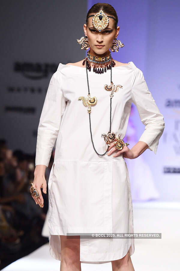 A model walks the ramp for designer Nitya on Day 3 of the Amazon India ...
