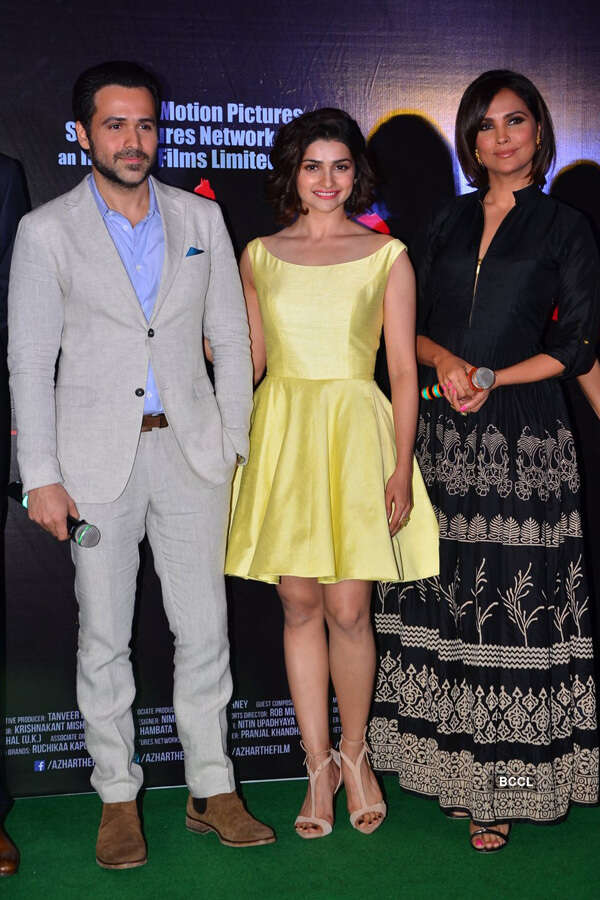 Emraan Hashmi, Prachi Desai and Lara Dutta during the trailer launch of Bollywood film Azhar in ...