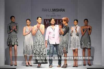 A model presents a creation by designer Rahul Mishra during Wills India ...