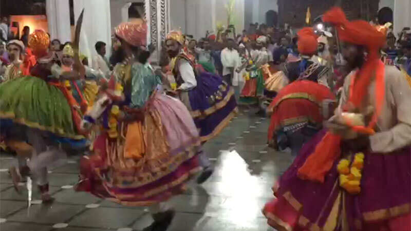 Folk dancers perform 'Ghode Modni' during Shigmo festival in Goa