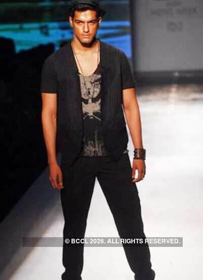 A model presents a creation by designers Rohit Gandhi and Rahul Khanna ...