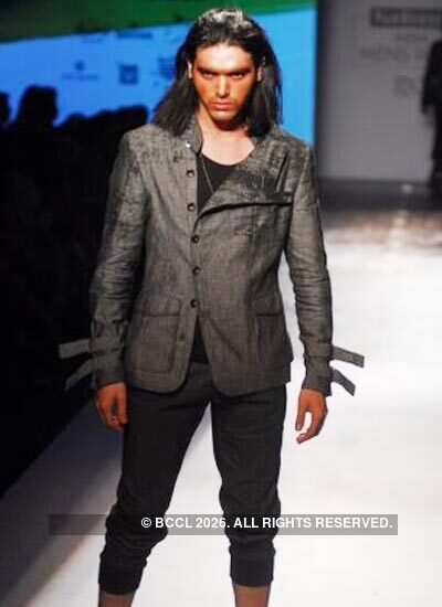 A model presents a creation by designers Rohit Gandhi and Rahul Khanna ...