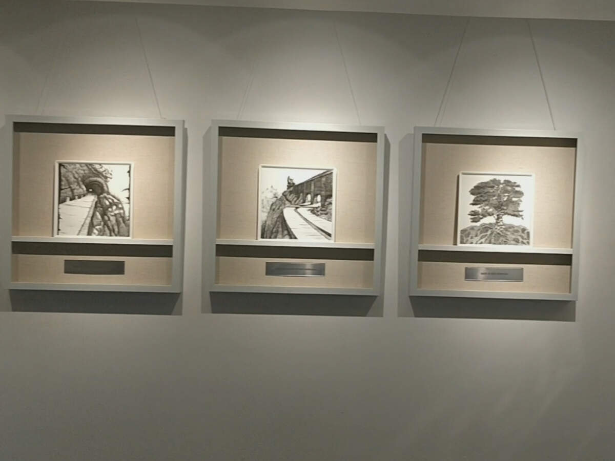 An exhibition displaying sketches made with a ballpoint pen