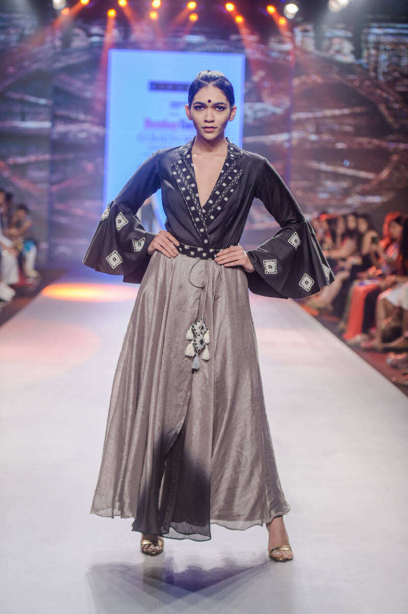 A model showcases a creation by designer Reemly on Day 2 of the Bombay ...