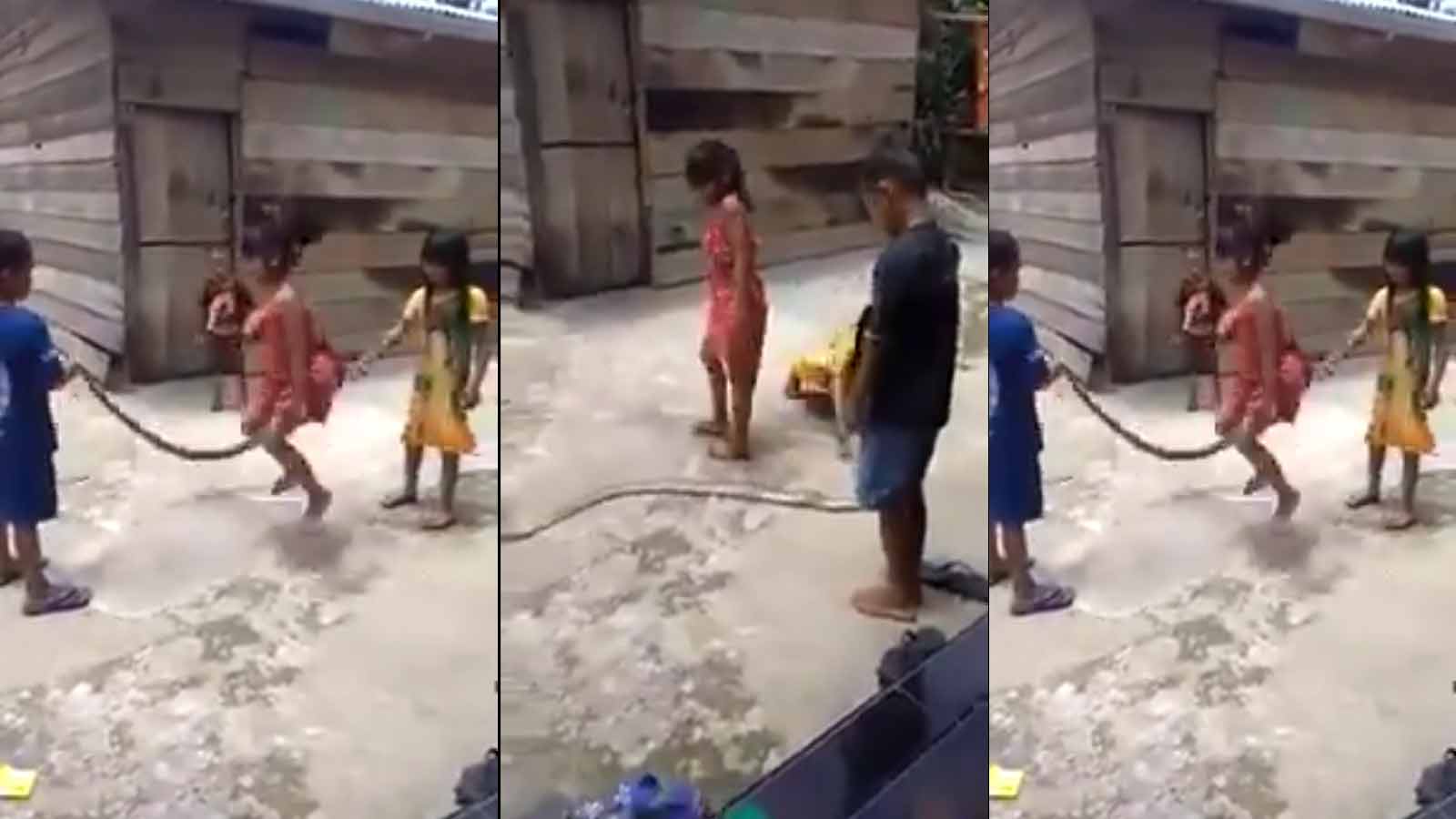 Freaky! Children use dead snake for their game of skipping rope