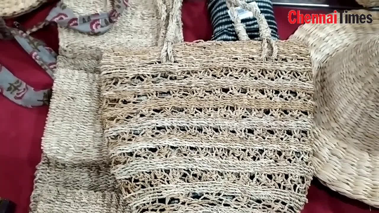 Banana fiber crafts displayed at Poompuhar craft expo