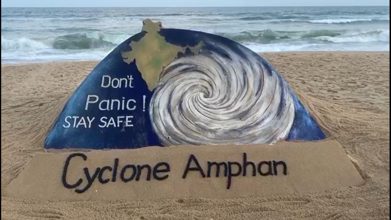 Sand artist Sudarshan Patnaik creates sculpture of Cyclone Amphan