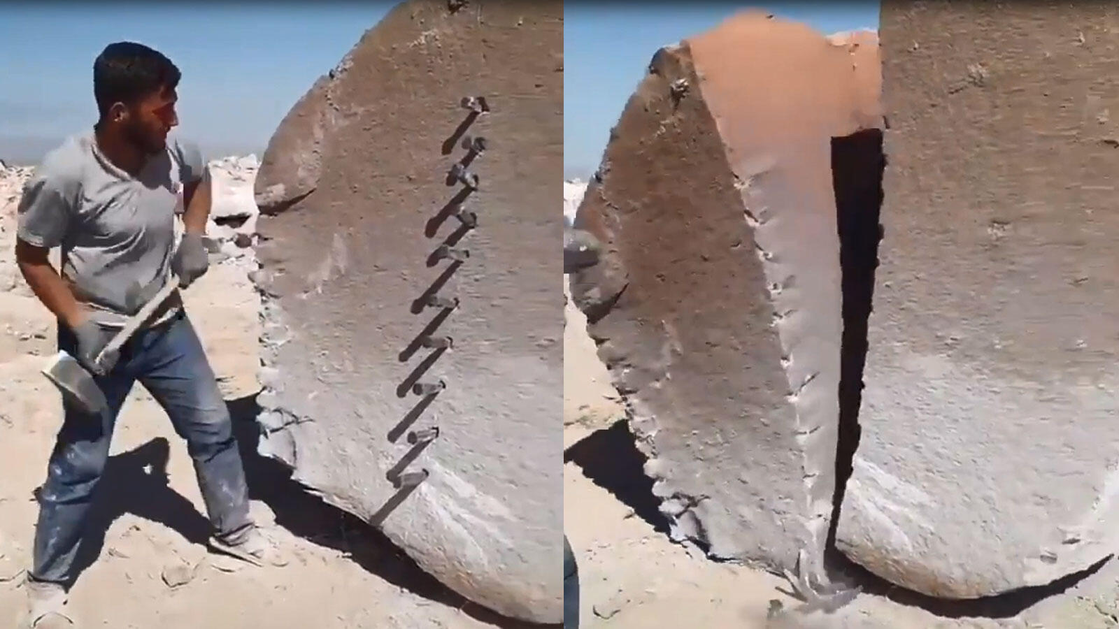 Amazing: This man just sliced a rock five times his size