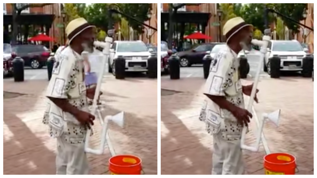 Man plays saxophone made out of PVC pipes
