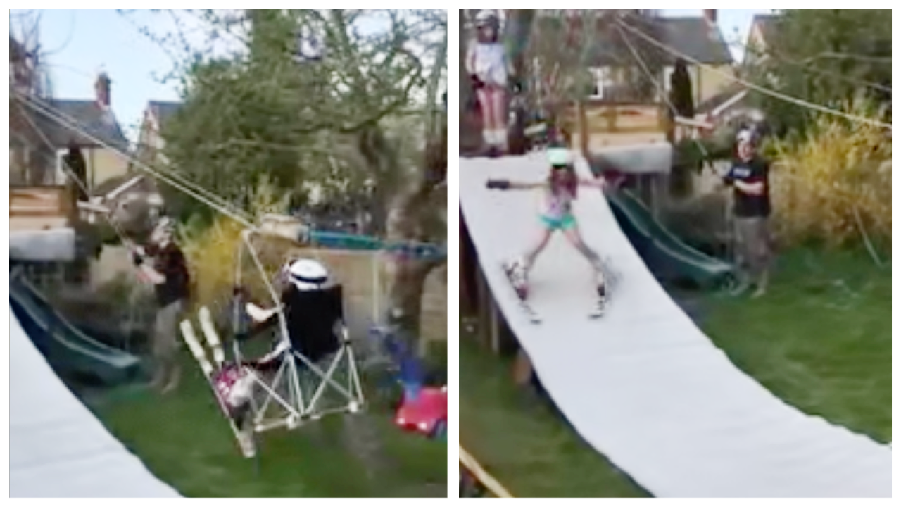 Dad builds makeshift ski lift and snow slope for daughters