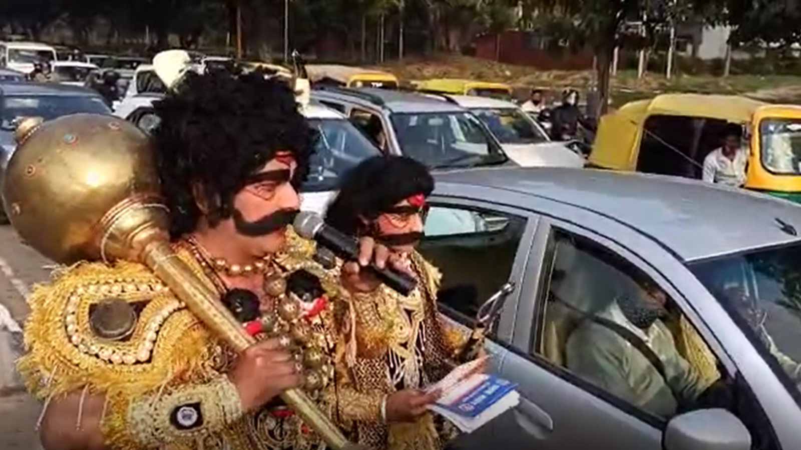 Artists dressed as ‘Yamraj’ create awareness on traffic rules in Chandigarh