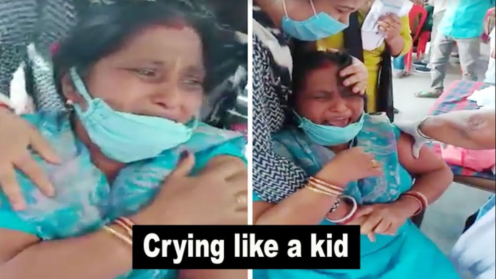 Woman cries like kid while taking a vaccine shot