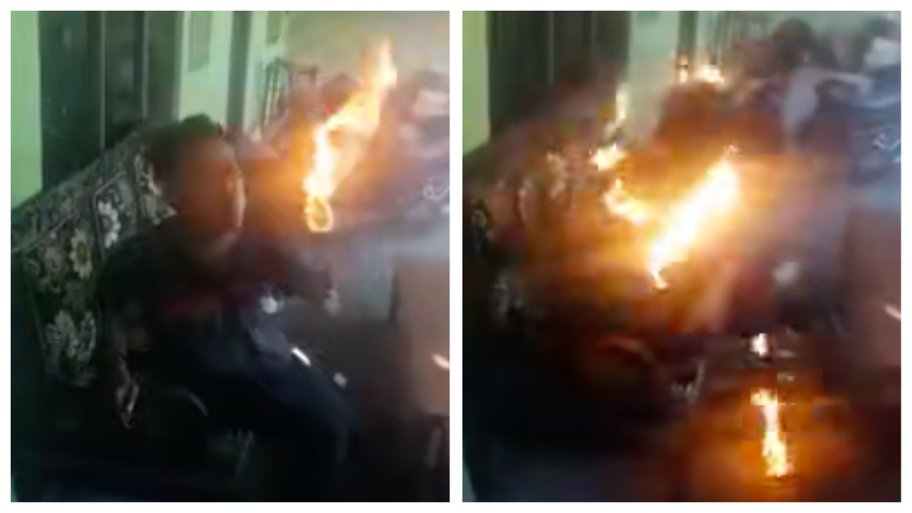 Amateur stunt artist lights self on fire!