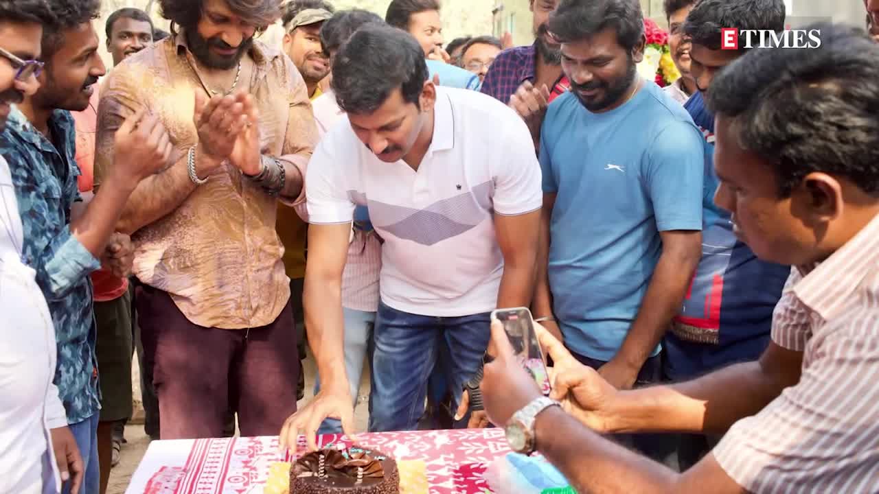 Vishal celebrates Nadigar Sangam's victory on the sets of 'Laththi'