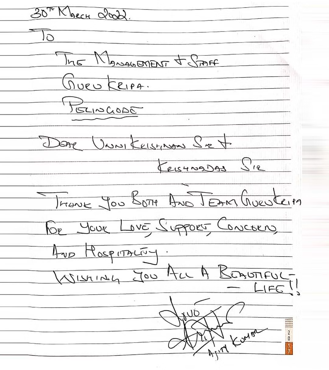 Ajith writes a handwritten letter to express his gratitude to the ...