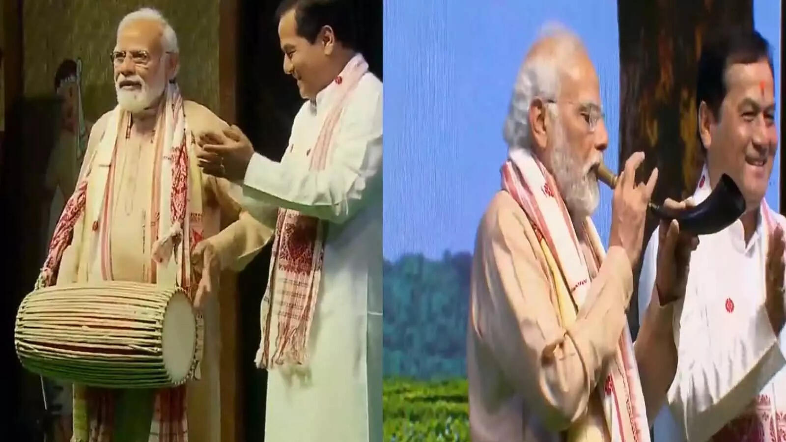 Delhi: Narendra Modi plays musical instruments at Rongali Bihu event