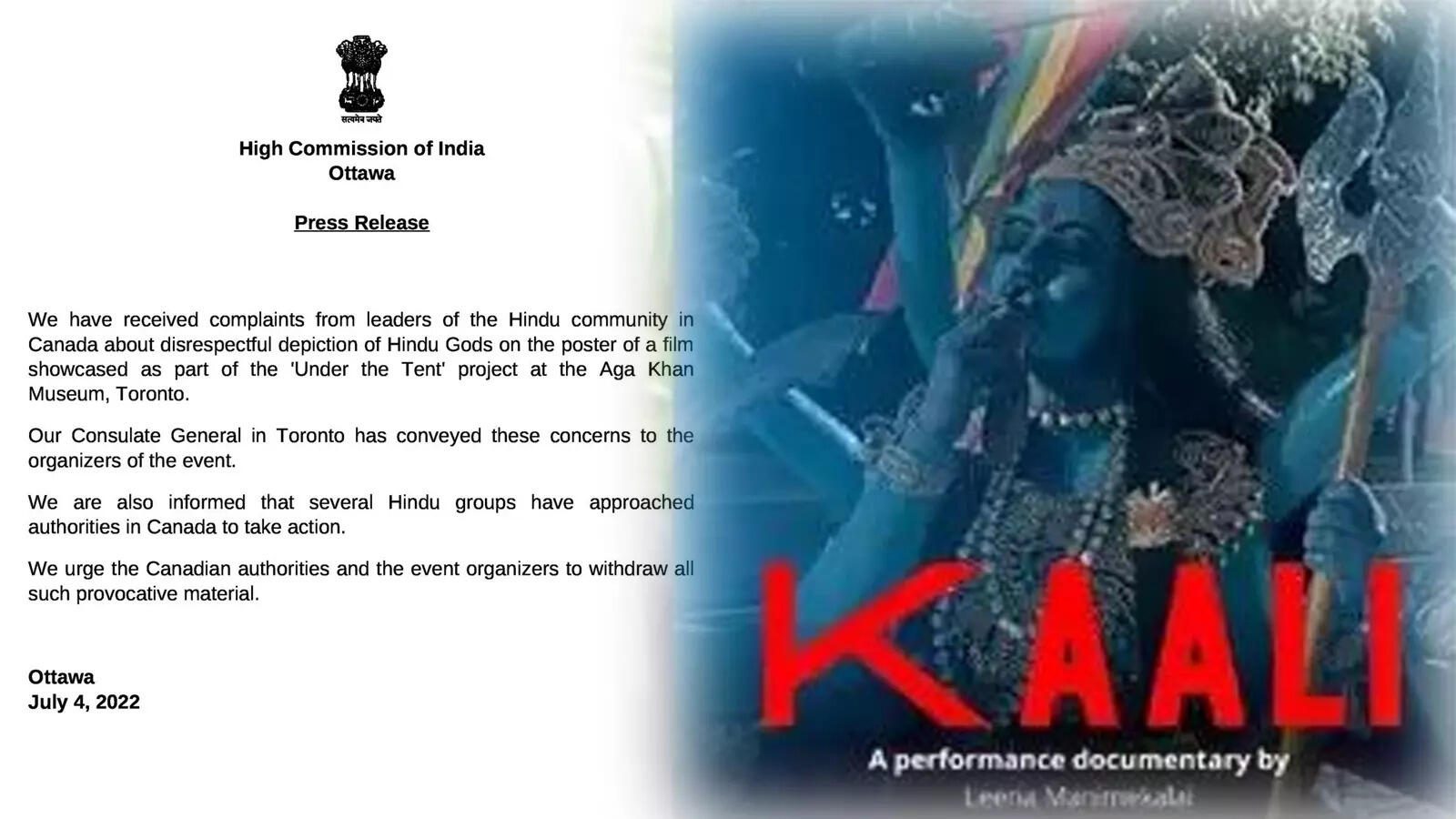'Kaali' poster row: Indian High Commission urges Canada to withdraw ...