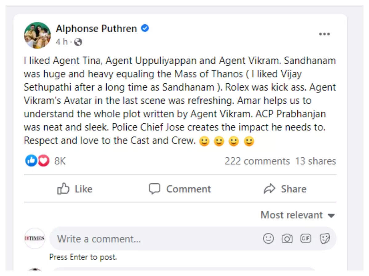 Alphonse Puthren compares Vijay Sethupathi’s character in ‘Vikram’ to ...