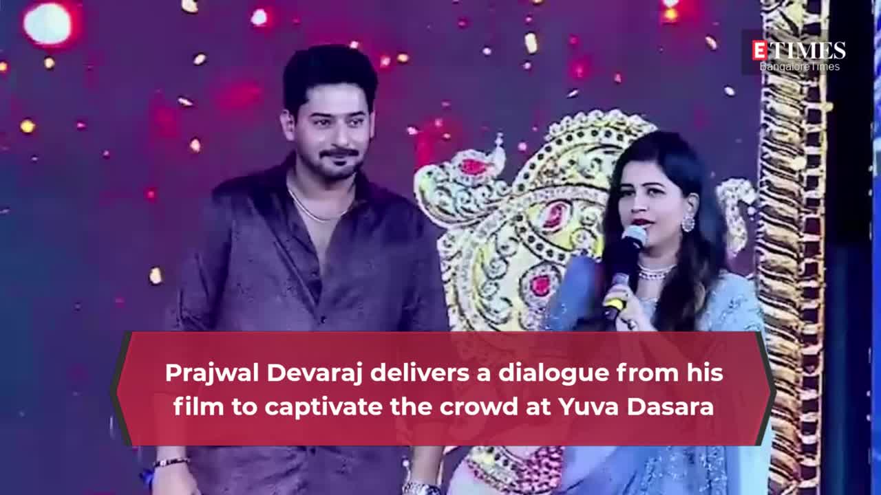 Prajwal Devaraj delivers a dialogue from his film to captivate the crowd