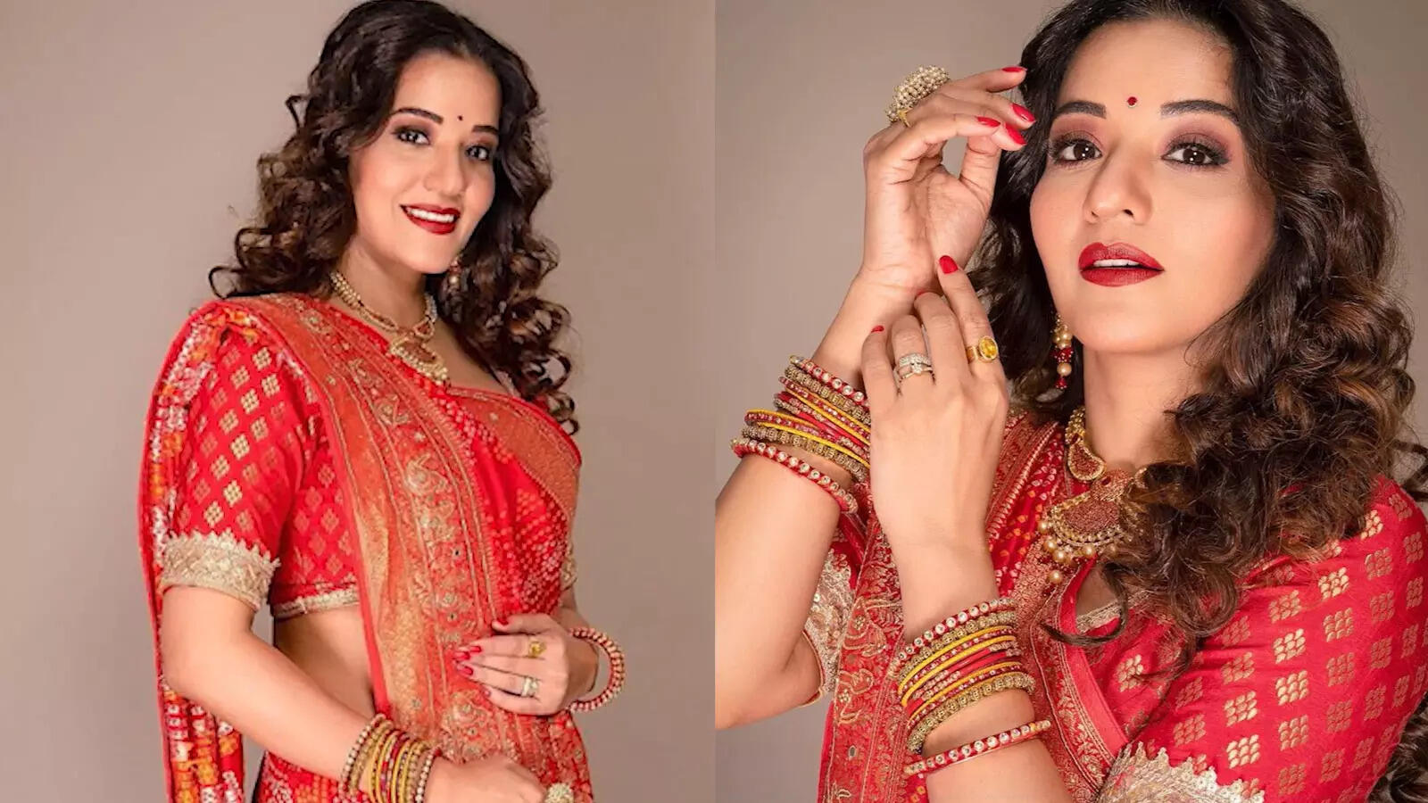 Monalisa looks beautiful as she poses in a red saree