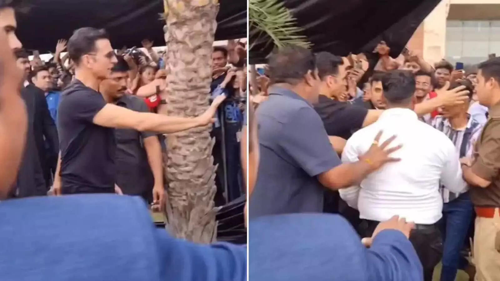 Akshay Kumar's fan jumps the barricade to meet him, bodyguards push the man