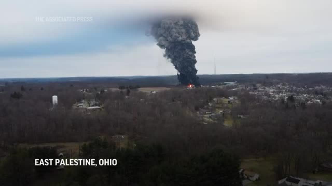 Drone footage shows dramatic Ohio train explosion