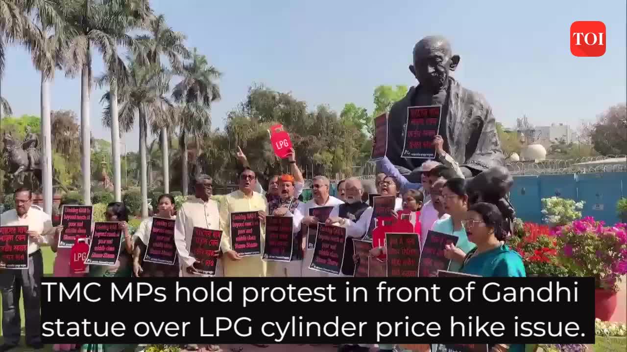 TMC MPs hold protest in front of Gandhi statue over LPG cylinder price hike