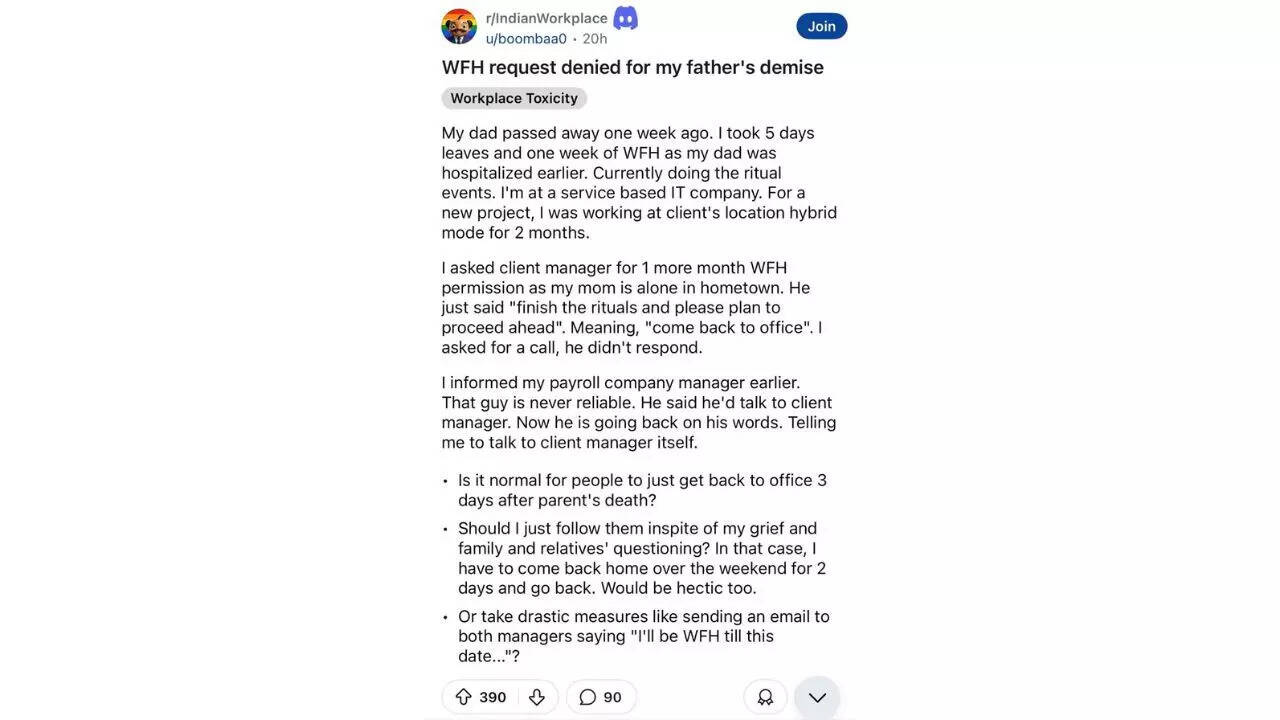 Denied WFH after father’s death: Reddit post by tech professional ...