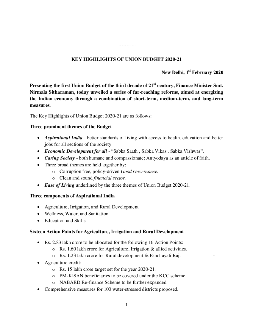 Highlights Union Budget India Union Budget 2019 20 Highlights Income Highlights Union Budget India Union Budget 2019 20 Highlights Income