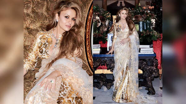 Natasha Poonawalla stuns in a gold foil sari for her kids' Navjote ceremony