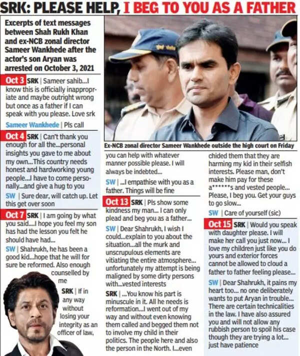 Sameer Wankhede produces chats with Shah Rukh Khan: 'No bribe sought' | Mumbai News - Times of India