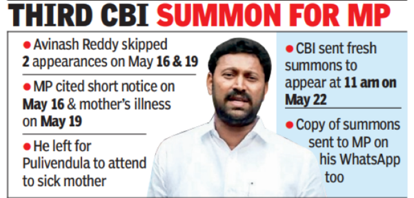 Viveka murder case: CBI to question Avinash tomorrow | Hyderabad News - Times of India